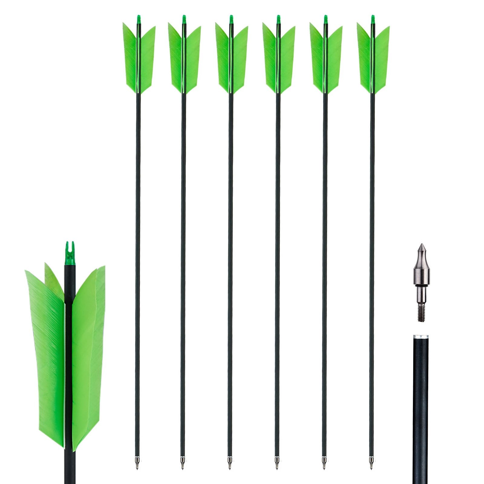 6Pcs 30.5" Archery Carbon Arrows with 4 piece Green Turkey Feathers Sp ...